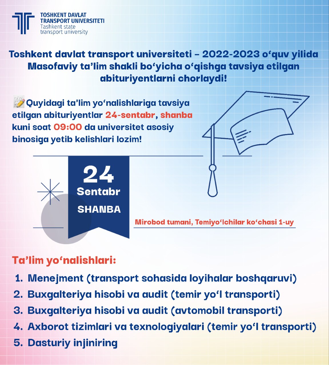 Toshkent davlat transport universiteti – 2022-2023 o’quv yilida Masofaviy ta’lim shakli bo’yicha ...
